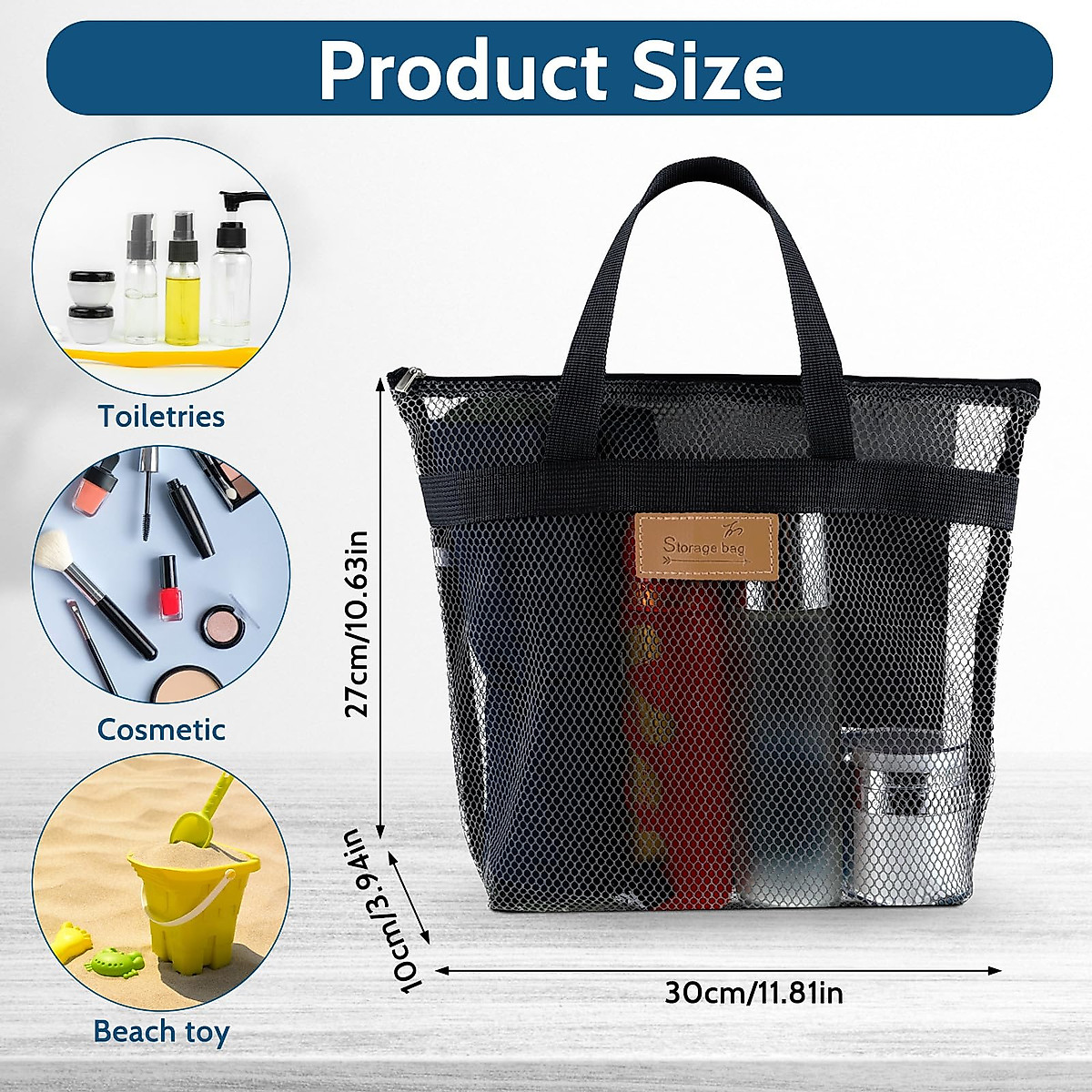 Molain Mesh Shower Bag, Large Capacity Portable Beach Bag Bath Organizer Travel Shower Bag for Travel, Gym, Swimming, Camping, College Dorms, Beach(Black)