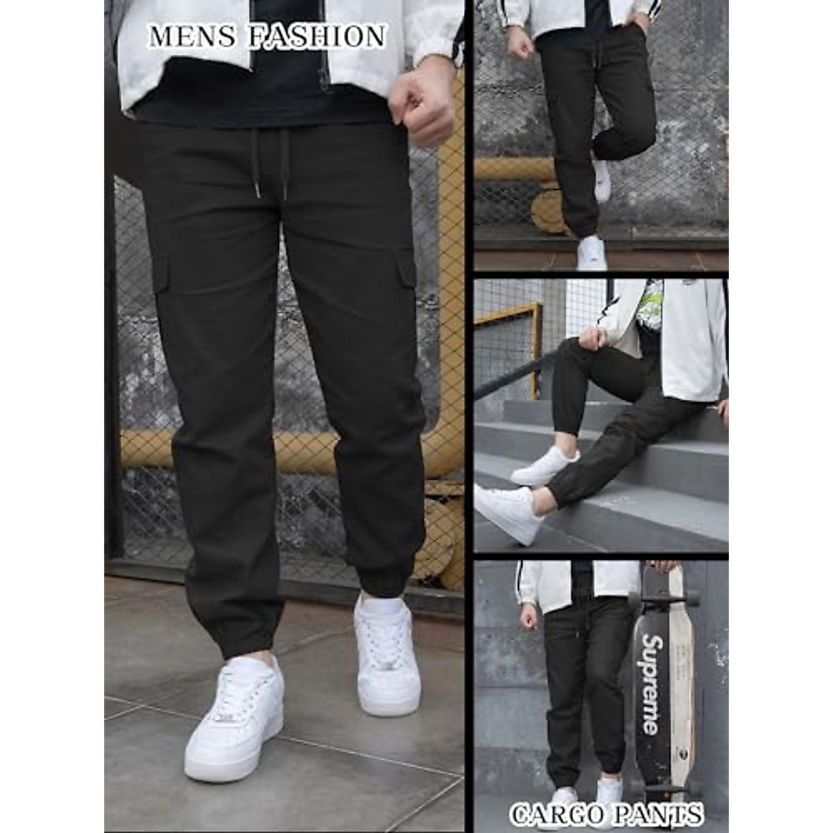OUTSON Mens Fashion Joggers Sports Pants Casual Cotton Cargo Pants Gym Sweatpants Trousers Mens Long Pant Black