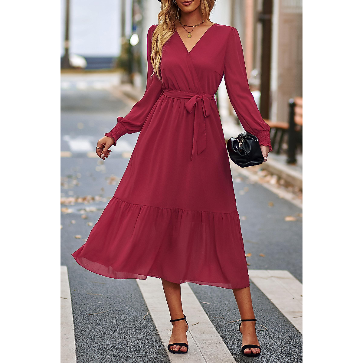 PRETTYGARDEN Women's Floral Print Boho Dress Long Sleeve Wrap V Neck Ruffle Belted A-Line Flowy Maxi Dresses (Solid Wine Red,Medium)