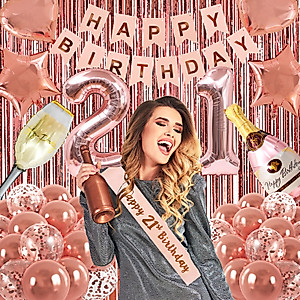 RUBFAC 21st Birthday Decorations for Girls, Rose Gold Sweet 21 Birthday Party Decoration for Her, 21st Happy Birthday Pre-Strung Banner Kits Rose Gold Balloons Decoration for Birthday Party Supplies