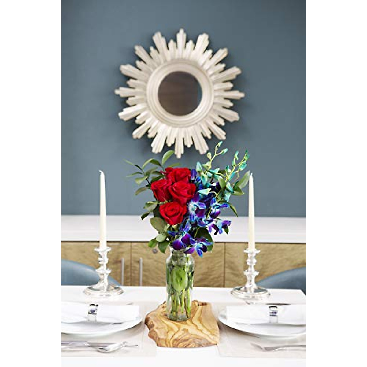 KaBloom Sapphire Red Bouquet of Fresh Red Roses and Exotic Blue Orchids with Vase