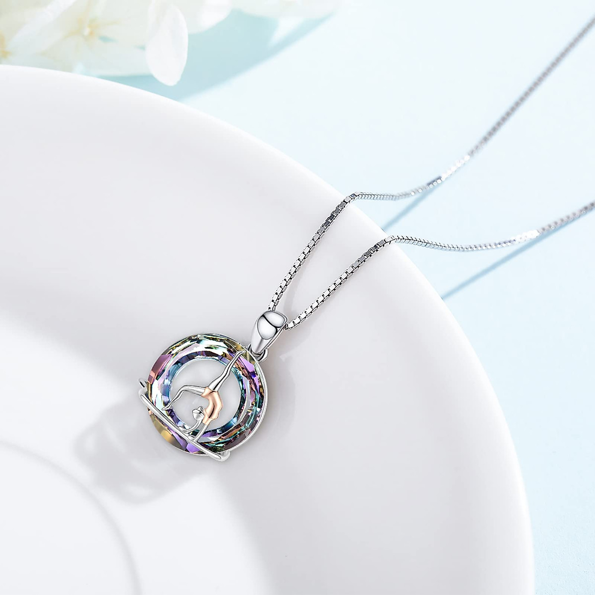 JUSTKIDSTOY Gymnastics Necklace 925 Sterling Silver Flipping Gymnast Team Necklace with Crystal Pendant Gymnastics Jewelry Gifts for Women