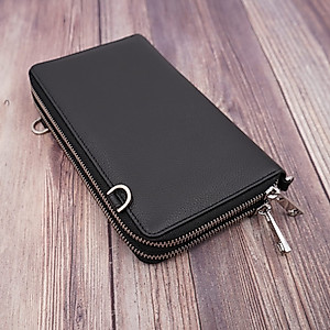 AG Wallets Women's Double Zipper RFID Leather Wristlet Wallet (Black Wax Finish)