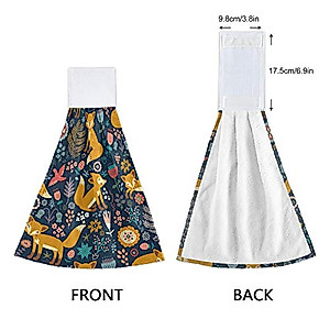 Oarencol Cute Fox Bird Flower Kitchen Hand Towel Forset Animal Floral Absorbent Hanging Tie Towels with Loop for Bathroom 2 Pcs
