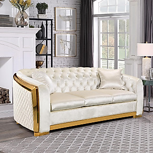 RUNOLIG Chesterfield Sofa, Velvet Sofas and Couches with Button Tufted Design and Gold Legs, Upholstered Sofa with 2 Pillows and Wood Frame, Modern 3 Seat Couch for Living Room, Apartment (Beige)