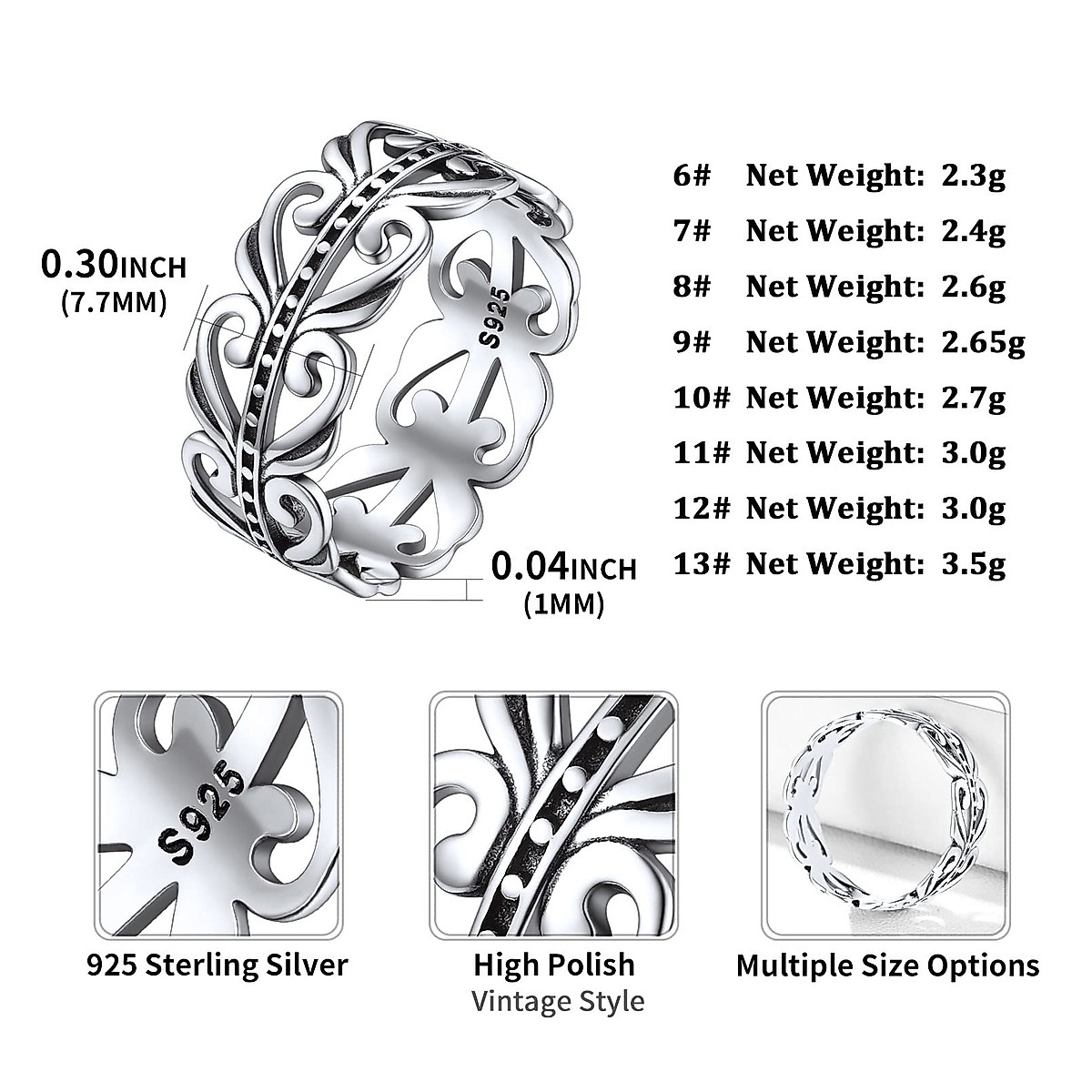 ChicSilver Men 925 Sterling Silver Stacking Ring 8mm Retro Filigree Vine Leaf Statement Ring Celtic Eternity Wedding Band for Women Size 13