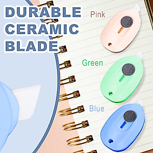 Sonuimy Mini Ceramic Box Cutter, 3pcs Safety Package Box Opener, Retractable Utility Knife Ceramic Blades with Keychain Hole (Pink Green Blue)