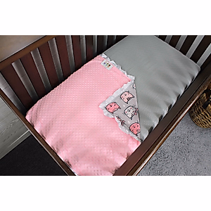 Baby Blanket - Kitty Cats on Grey with Pink Minky Dot and Satin Ruffled Edge