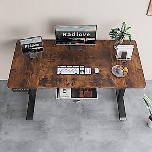 Radlove Dual Motors Height Adjustable 55 x 30'' Electric Standing Desk with Drawer Stand Up Table 4 Memory Keys, Computer Desk with Splice Board Home Office Desk, Rustic Brown Top + Black Frame