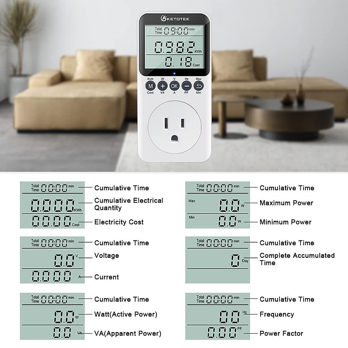 KETOTEK Watt Meter Plug-in Socket Power Meter, Kilowatt Wattage Voltage Tester, Home Electricity Usage Monitor with Overload Protection, LCD Display Energy Voltage Amps Power Consumption Monitor