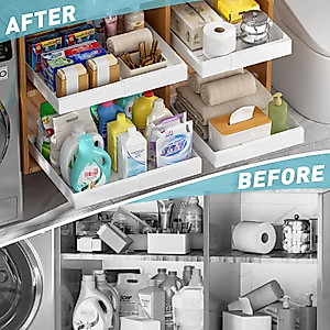 SPACEKEEPER Pull Out Cabinet Organizer, Extendable Slide Out Drawers for Cabinets with Adhesive Film 1 Pack Heavy Duty Pantry Shelves Storage and Organization for Kitchen Pantry Bathroom, White