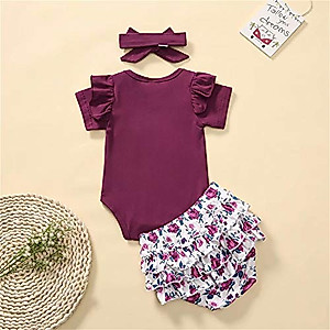 CETEPY Baby Girl Clothes Newborn Summer Outfits Infant 3Pcs Floral Pants + Short Ruffle Romper Playsuit + Headband Wine Red 0-3 Months 70cm
