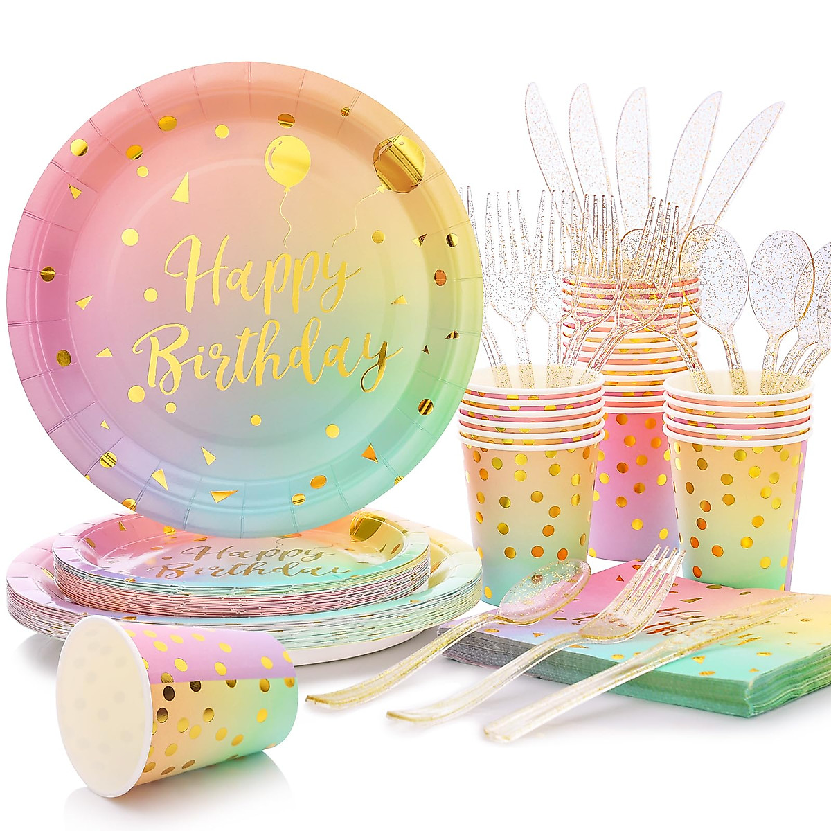 175PCS Rainbow Birthday Decorations,Birthday Plates and Napkins Party Supplies,Disposable Rainbow Birthday Plates,Pastel Paper Plates for Girl Women Birthday Party Decorations,Serves 25 Guests