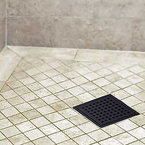 Orhemus 6 Inch Square Shower Drain with Adjustable Shower Drain Base Flange, SUS 304 Stainless Steel Floor Drain with Removable Cover Grid Grate, Matte Black
