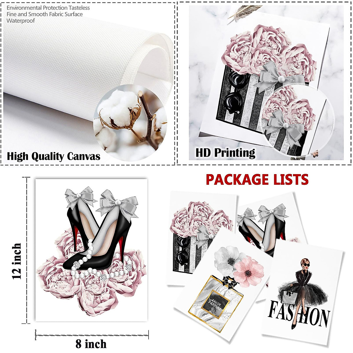 Lodintech Fashion Wall Art Bedroom Aesthetic Canvas Pink Art Prints Wall Decor Black White Fashion Posters Wall Pictures Gray Pink Room Decor Perfume High Heels Flowers Wall Art Prints 8x12'' Unframed