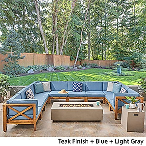 Great Deal Furniture GDFStudio Outdoor Acacia Wood 10 Seater U-Shaped Sectional Sofa Set with Fire Pit, Teak, Blue and, Light Gray