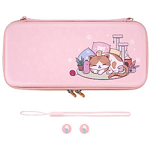 PlayVital Pink Cute Carrying Case for Nintendo Switch & OLED, Thumb Grip Caps & Kitten & Chicken Slim Travel Case for Switch Portable Hardshell Girl Storage Game Accessories