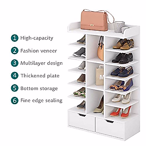 BURENMTO Shoe Rack Shoe Organizer Shoe Storage, 6 Tiers Wooden Shoe Rack for Entryway Shoe Organizer for Closet Holds 15 Pairs Shoes Space Saving Shoe Shelf Stand with 2 Drawers