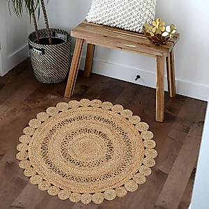 Limecasa,Hand Woven Farmhouse Jute Area Rug 3 Ft Round Natural Yarn, Rustic Vintage Beige Braided Reversible Rug, Eco Friendly Rugs for Bedroom, Kitchen, Living Room, Farmhouse 100% Jute Rug