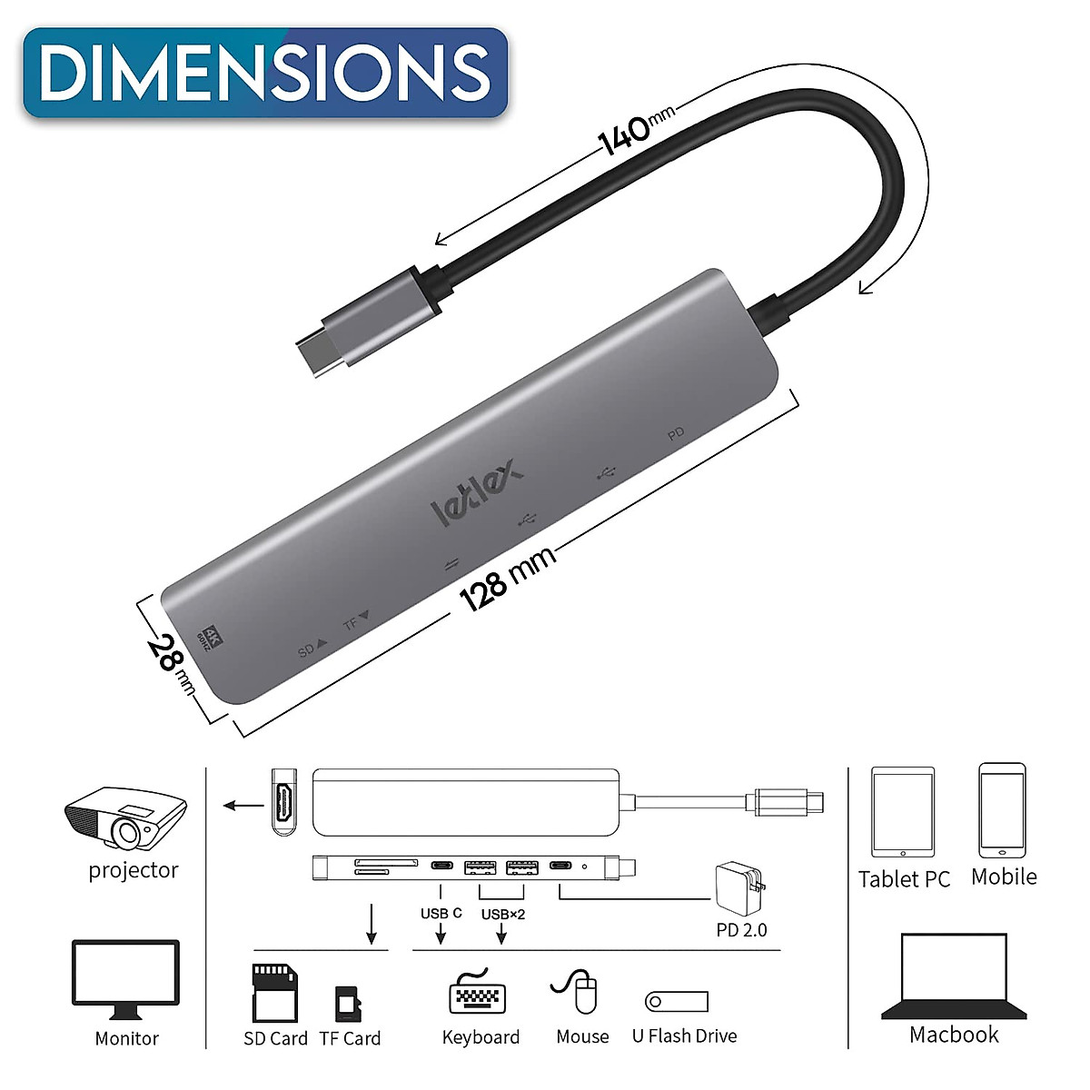 LETLEX USB C Hub - 7 in 1 USB C Adapter with 4K/60Hz HDMI - 2 USB 3.0 Ports, SD/TF Card Reader, 100W PD Charging for USB-C Laptops & Other Type-C Devices