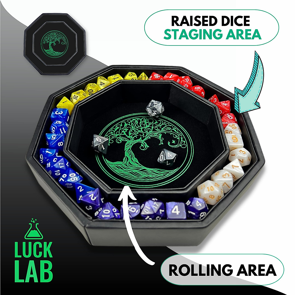 Luck Lab 8 Inch Dice Tray – Green - with Lid and Dice Staging Area for RPG Table Top Gaming- Tree of Life Design