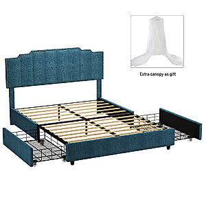 MegaChunk Queen Size Platform Bed with 2 Drawers and Adjustable Upholstered Stitched Padded Headboard, Rivets Design, Strong Slats System, Linen Upholstery, No Box Spring Needed, Blue