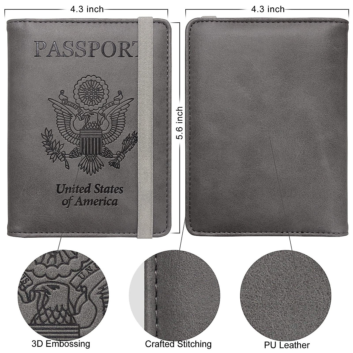 WALNEW Passport Holder Wallet, RFID Blocking Passport Cover Case PU leather Card Holder with Pen and Clear Card Slot for Women Men, Gray