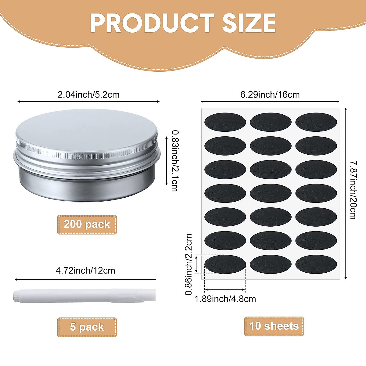 Zubebe 200 Pack Metal Tins Aluminum Containers with Lids Screw Top Round Tin Cans for Cosmetic Lip Balm DIY Salves Candles Wax with 5 Markers 10 Sheets Label Stickers (1 oz, Silver)