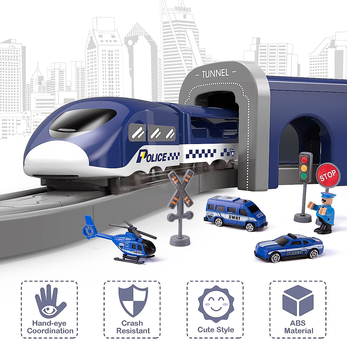 Train Sets for Boys 4-7, 66 Pcs Battery Operated Train Set with Tracks(Magnetic Connection), Compatible with Thomas, Brio, Chuggington, Gifts for 3 4 5 6 Years Old (66pcs Police)