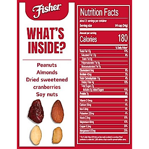 Fisher Snack Hunger Fighter Trail Mix, 38 Ounces, Peanuts, Almonds, Dried Sweetened Cranberries, Soy Nuts