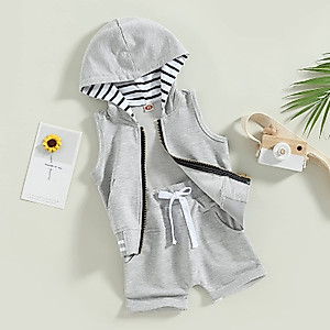 Hnyenmcko Infant Baby Boys Summer Clothes Hoodie Sleeveless Tank Tops Solid Color Drawstring Shorts Set Toddler 2pcs Outfits (Gray, 12-18 Months)