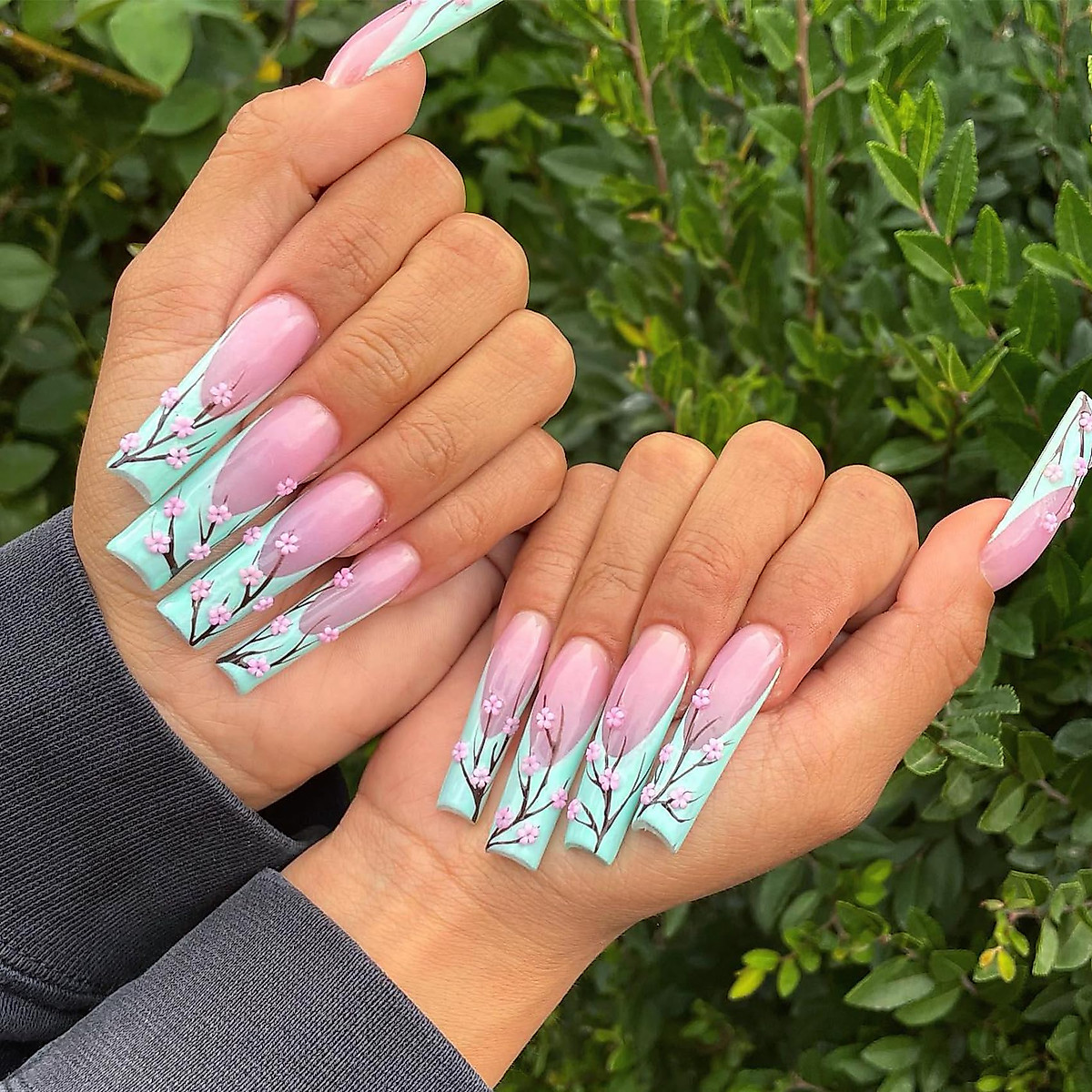 French Tip Press on Nails Coffin Green Fake Nails with Cherry Blossom or Arizona Tea Peach Blossom and Tree Branch Decoration Designs 3D Flower Gems Glossy Square Long Acrylic Nails Press on for Women