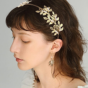 YADOCA 6 Pcs Greek Goddess Costume Accessories Set for Women Gold Laurel Leaf Crown Headband Upper Arm Cuff Coil Bracelet Pearl Dangle Earring Bridal Bridesmaid Wedding Headpiece Toga Costume Jewelry