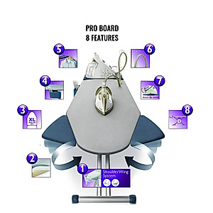 Mabel Home Ironing Board with Extra-Wide Surface, 8 Features, Retractable Shoulder Wings, Adjustable Height, 100% Cotton Cover