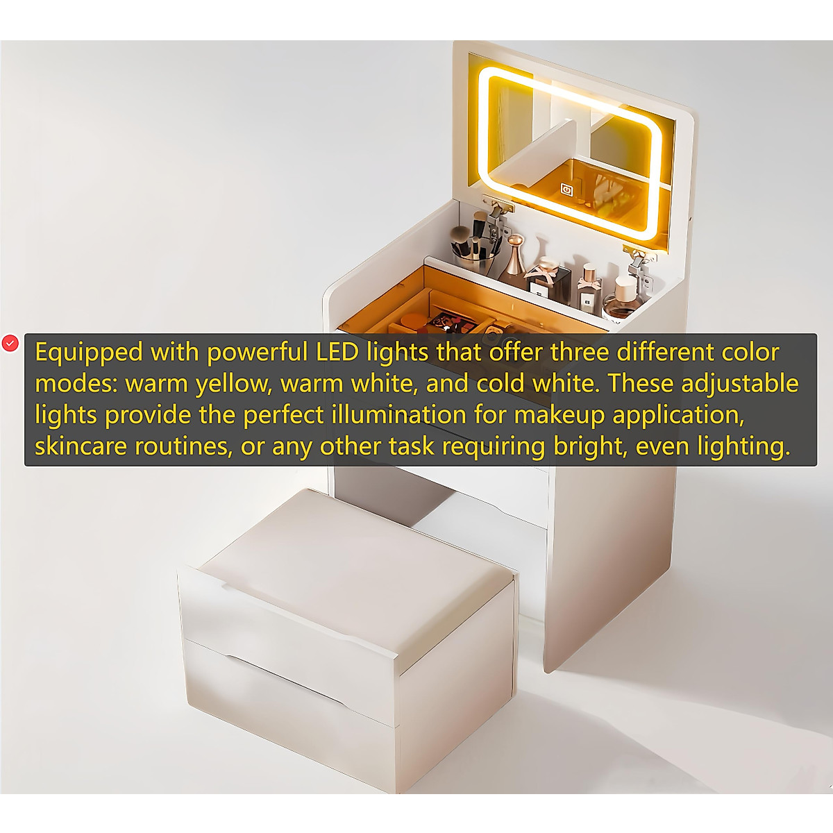 Vanity Desk & Nightstand Combo - Flip Top Mirror, 3 Drawers, Bright LED Lights, and Cushioned Stool