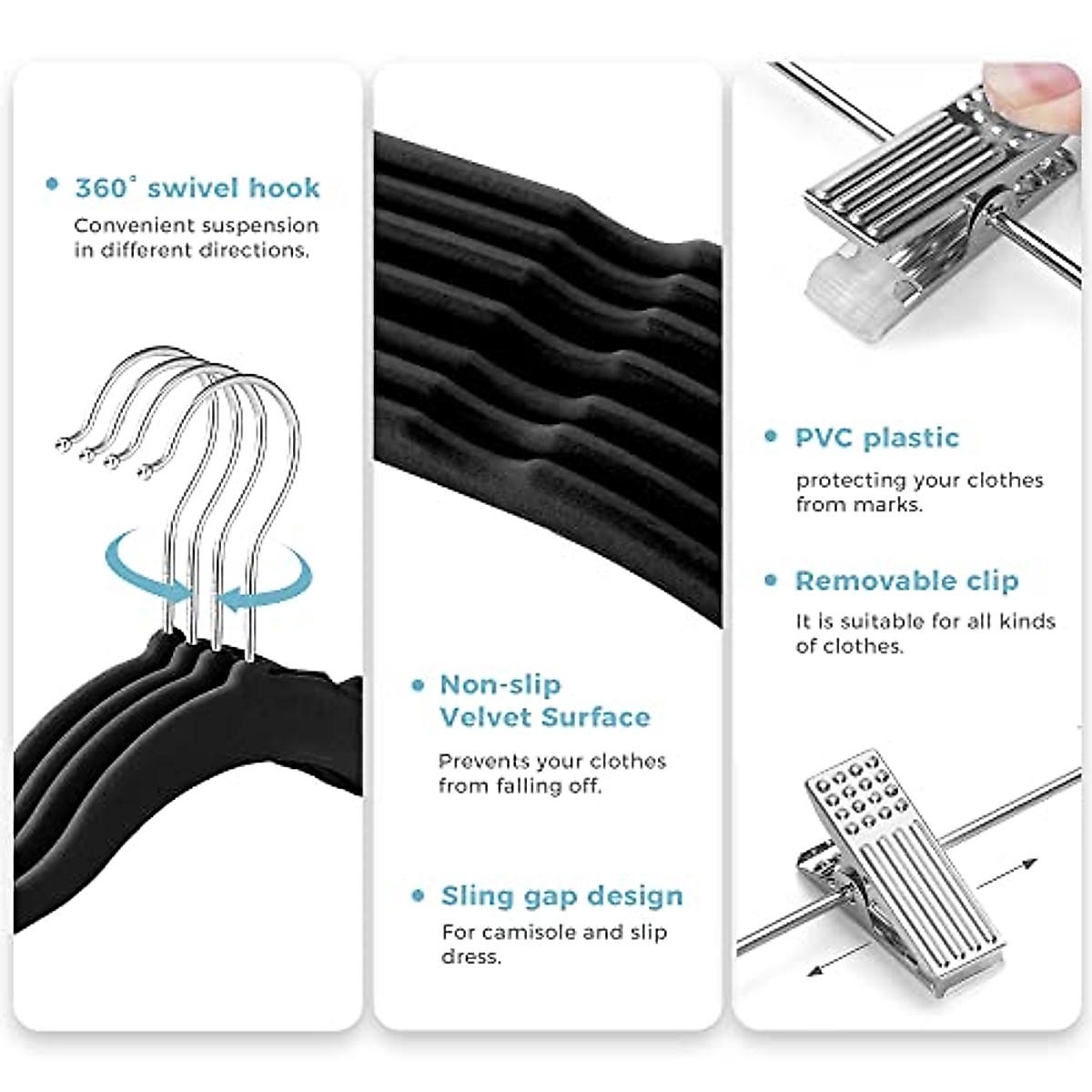 HOUSE DAY Velvet Skirt Hangers 24 Packs Velvet Hangers with Clips Ultra Thin Non Slip Velvet Pants Hangers Space Saving Clothes Hangers for Skirts, Pant, Jeans (Black)
