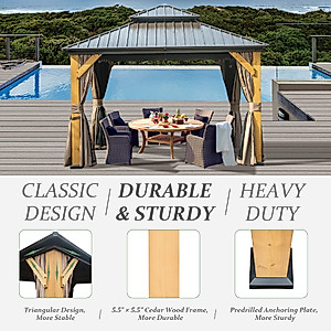 Domi 12' X 12' Wood Gazebo, Cedar Frame Hardtop Gazebo with Galvanized Steel Double Roof, Netting & Curtains, Patio Pergola Pavilion for Patio, Backyard, Deck, Lawns