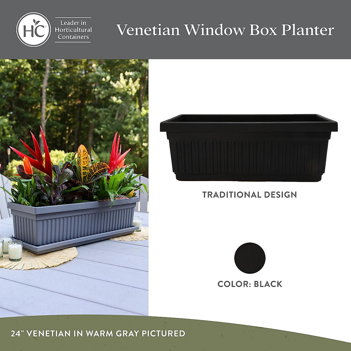 The HC Companies 30 Inch Venetian Rectangular Window Planter Box - Lightweight Plastic Indoor Outdoor Plant Pot with Drainage for Windowsill, Herbs, Flowers, Black