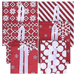 JOYIN 6 PCS Red Christmas Fabric Gift Bags with 5 Designs Xmas Cotton Fabric Drawstring Bags for Xmas Decor, Christmas Goody Bags, Xmas Party Favors, Storing Christmas Gifts Parties