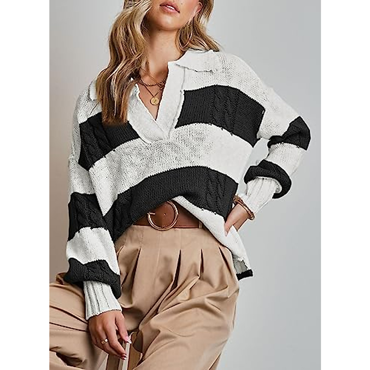 Dokotoo Sweaters for Women Fall 2023 Casual Lightweight Long Sleeve Cable Knit Loose Stylish Winter Sweater V Neck Color Block Turn-Down Collar Striped Pullover Jumper Tops Black Medium