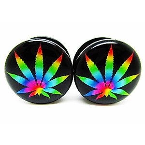 Pierced Republic Tie-Dye Pot Leaf Marijuana Ear Plugs - Acrylic Screw-On - New - 8 Sizes - Pair (0 Gauge (8mm))