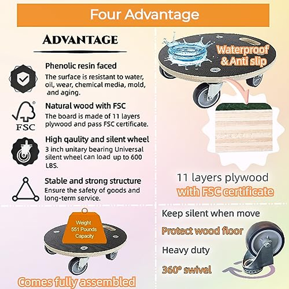 15-Inch Round Wood Platform Dolly with TPR Silent 3" Wheel, 551-lb Load Capacity Heavy Duty Wood Furniture Dolly, Multifunctional Movers Carrier,Plant Dolly, Two Pack