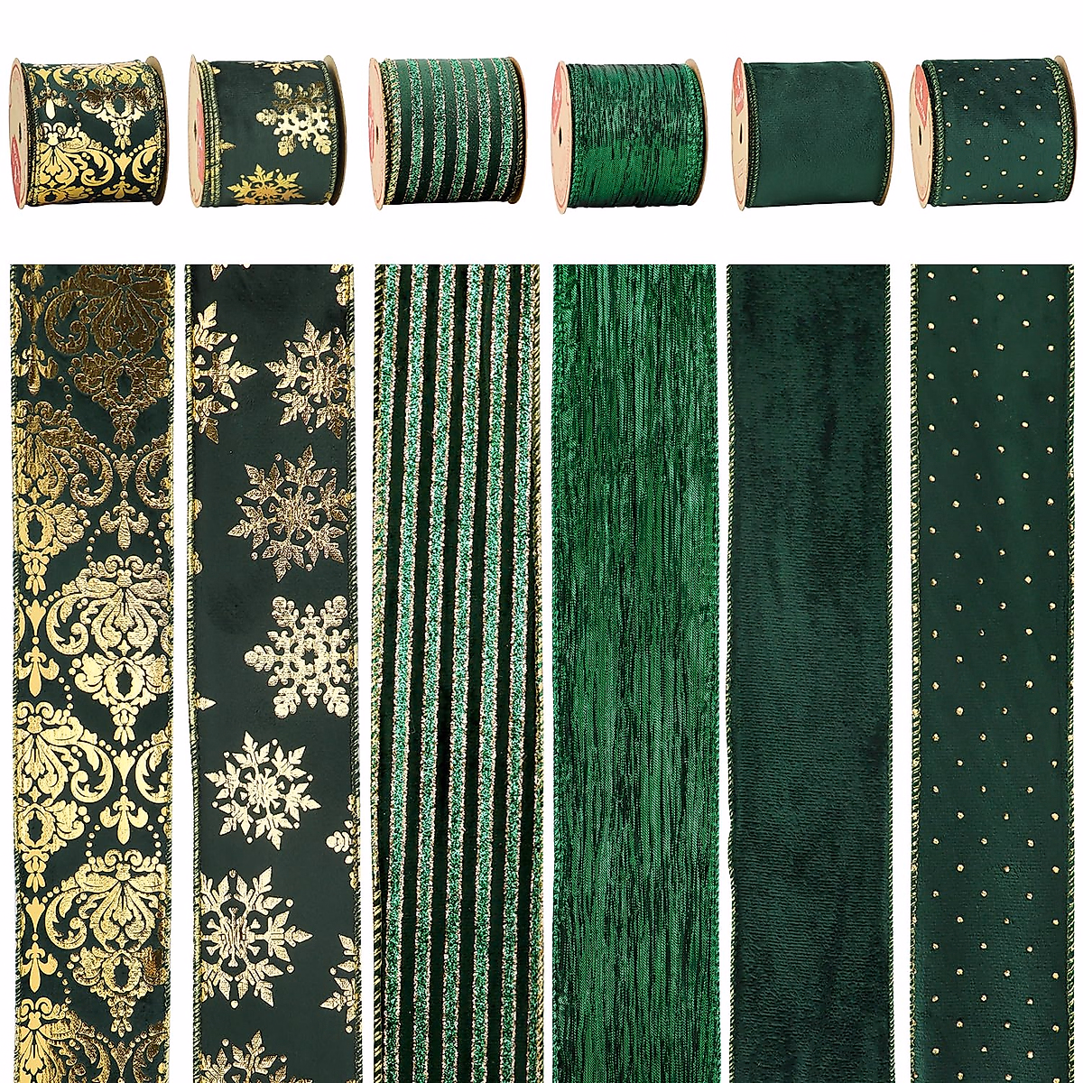 HUIHUANG Green Velvet Christmas Ribbons - Wired for Trees, Wreaths, Garlands, Bows - 2-1/2" x 6 Rolls, 36 Yds Total