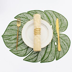 Evevda Green Leaf Shaped Vinyl Placemats for Dinner Table Set of 6 Metallic Plastic Green Place Mats Wipeable 6Pcs Table Mats for Wedding Annersary Dinner Table Decoration Mats(17.7x13.8inch/45x35cm)
