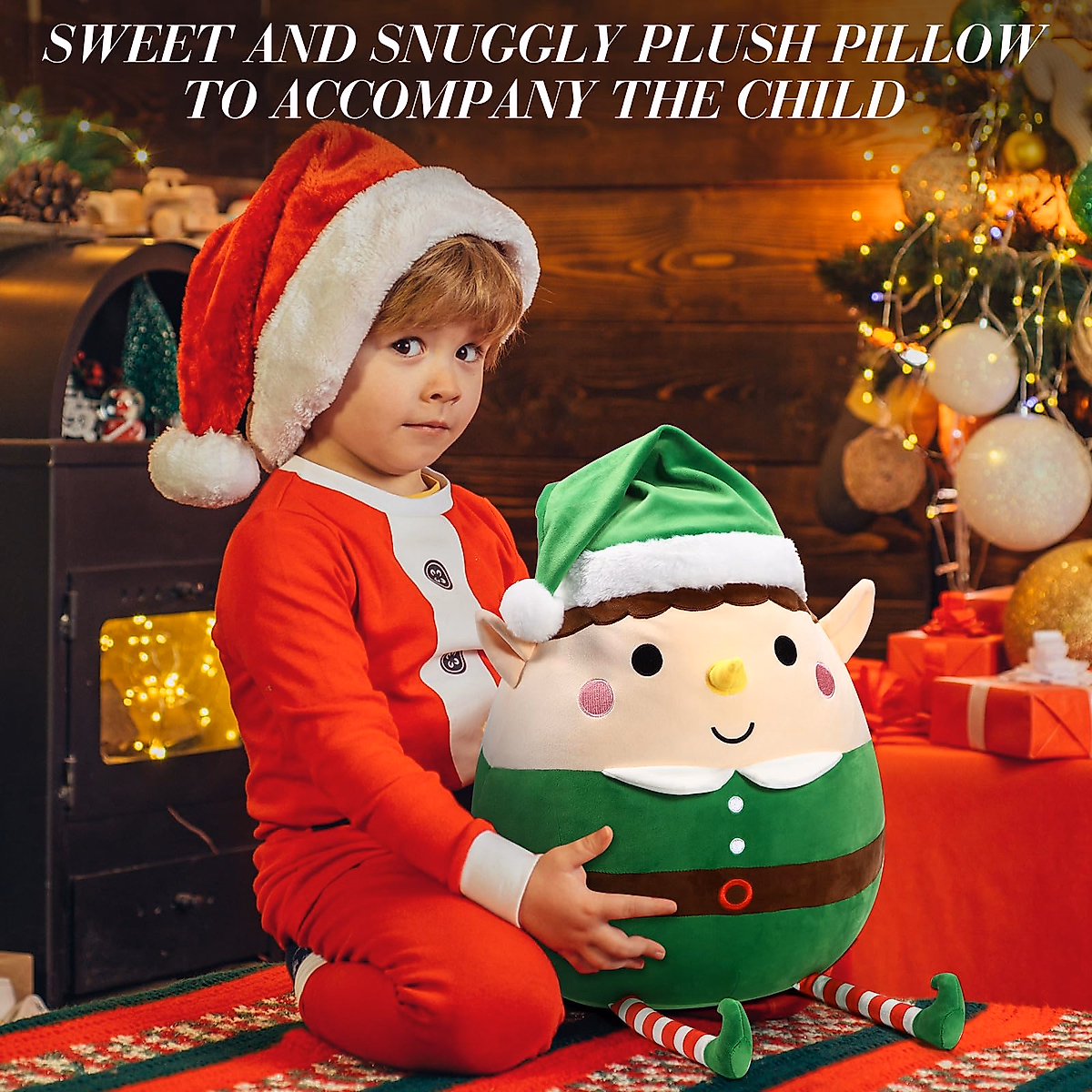 Huwena 14 Inch Christmas Plush Pillow Decorations Soft Cuddly Xmas Throw Pillow Large Hugging Stuffed Cushion for Christmas Holiday Party Favor Gift New Year Home Bedroom Sofa Decors(Green Elf)