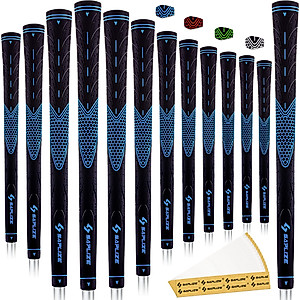 SAPLIZE Classic Rubber Golf Grips 13 Pack, High Feedback, Non-Slip, 13 Grips with 15 Tapes, Midsize, Blue, CC01 Series