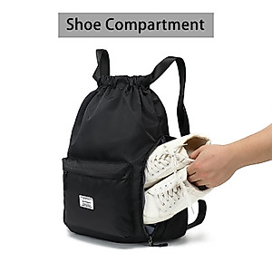 FUXINGYAO Drawstring Backpack Sports Gym Bag with Shoes Compartment, String Backpack Cinch for Women Men (Black)