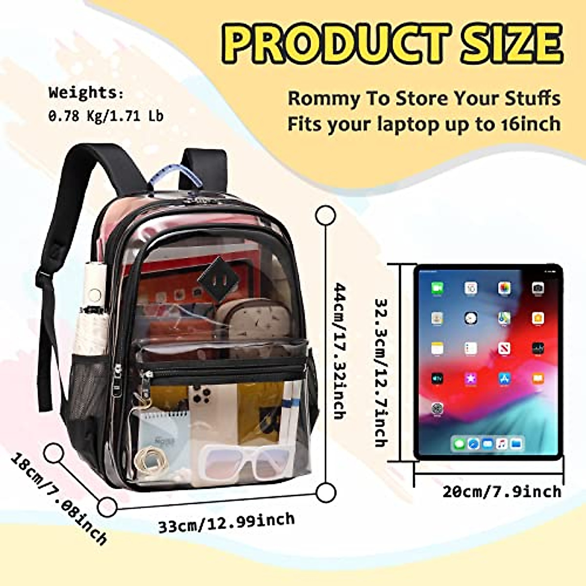 ASKSKY Clear Backpack Stadium Approved, Thriple Compartments Book Bag Heavy Duty Black PVC See Through Backpack for School for College Travel Work Festival, Black and Grey