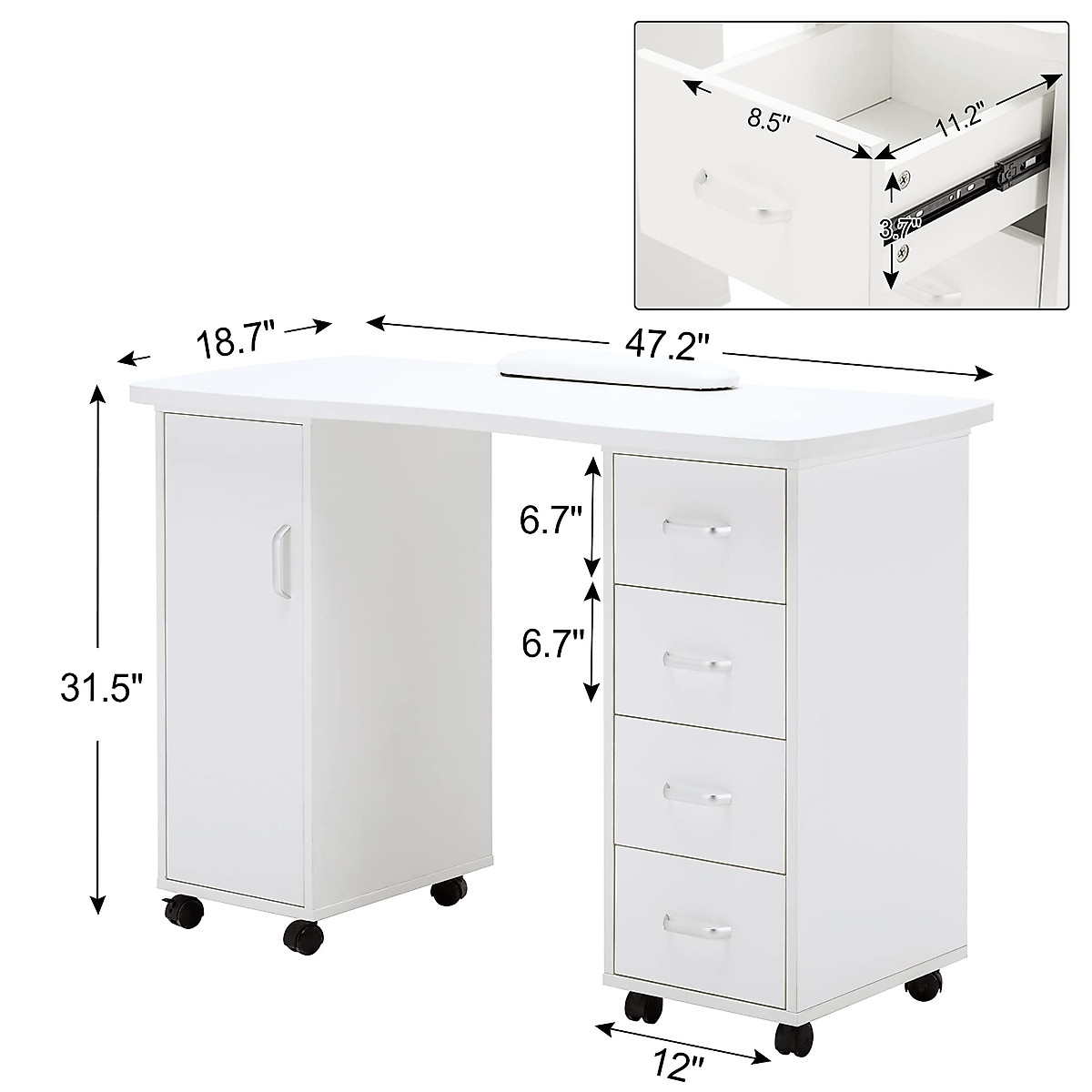 BarberPub Manicure Table, Acetone Resistant Nail Desk, Nail Table with 4 Drawers, 2 Cabinet, Lockable Wheels, Wrist Pad, Nail Desk for Nail Tech, Beauty Salon White 0611