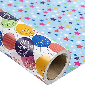 LeZakaa Reversible Birthday Wrapping Paper Jumbo Roll - Colorful Balloon & Stars - 24 inches x 100 Feet (200 sq.ft.)